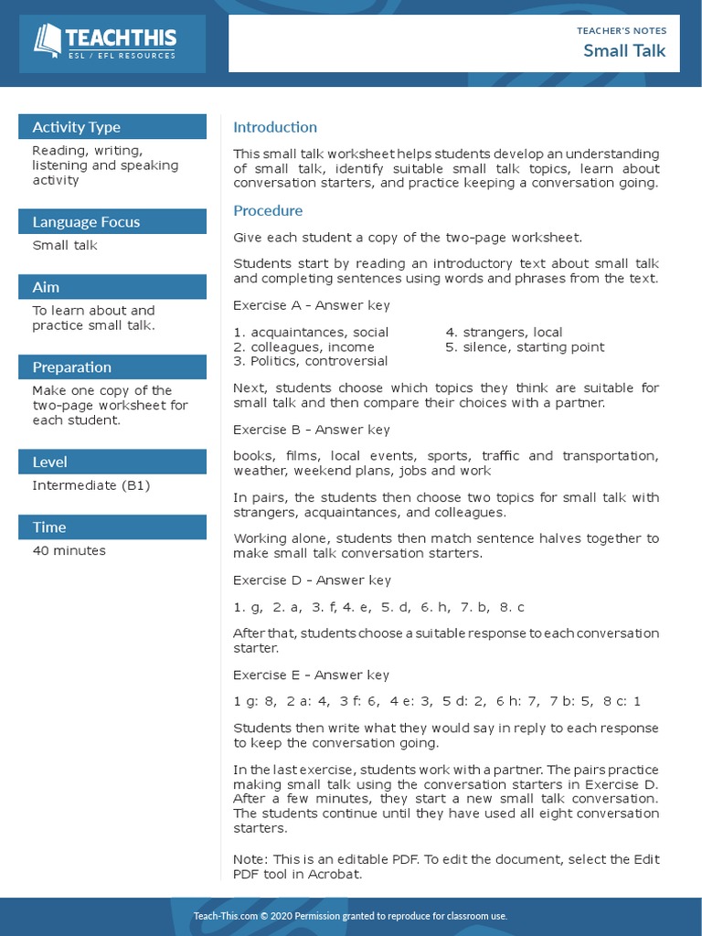 Small Talk Worksheet | PDF | English As A Second Or Foreign Language ...