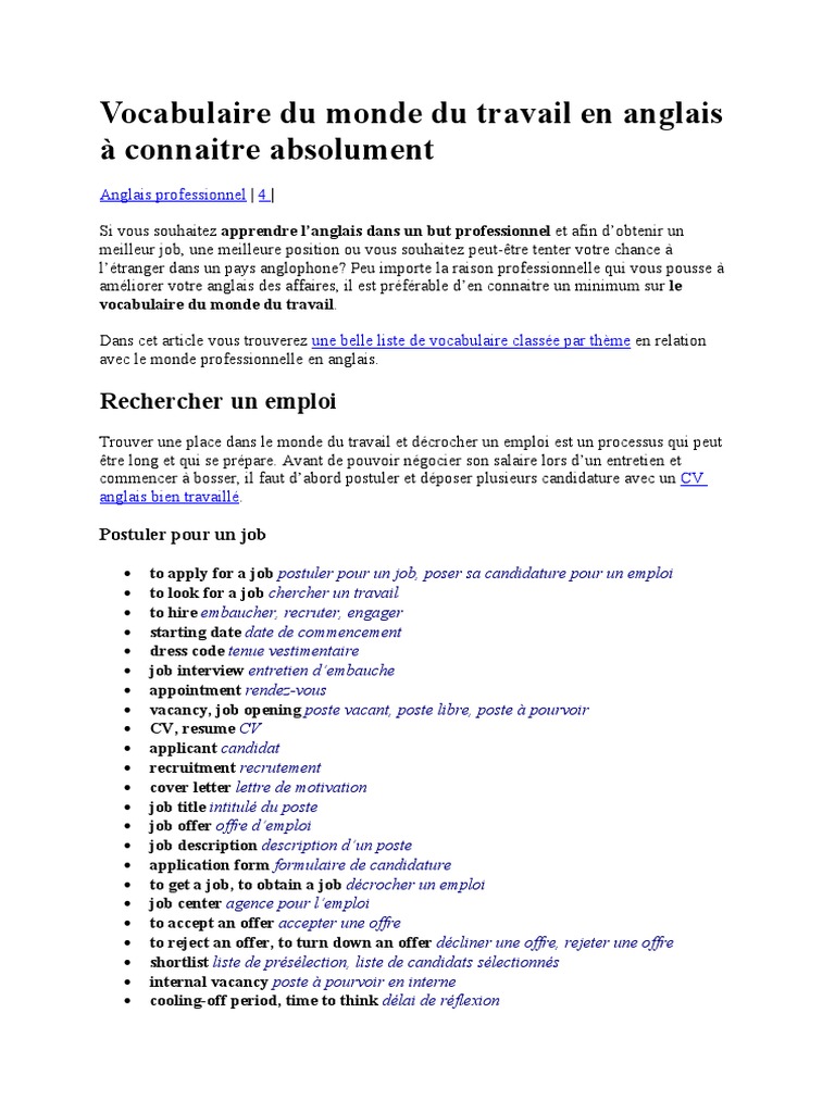 Vocabulaire essentiel du travail en anglais | PDF | Bulletin de salaire ...
