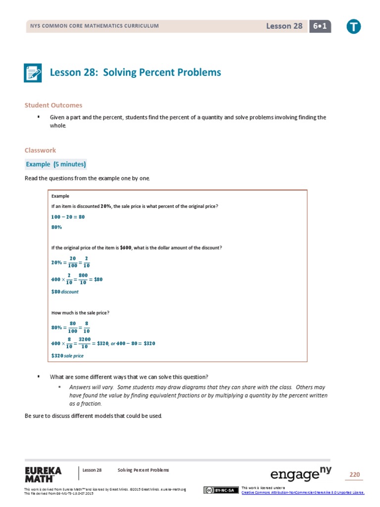 Lesson 28: Solving Percent Problems: Student Outcomes | PDF | Common ...