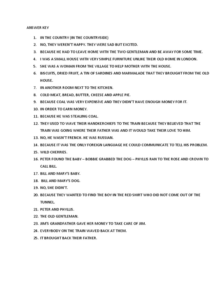 Comprehension Questions - Key For The Railway Children - Key | PDF