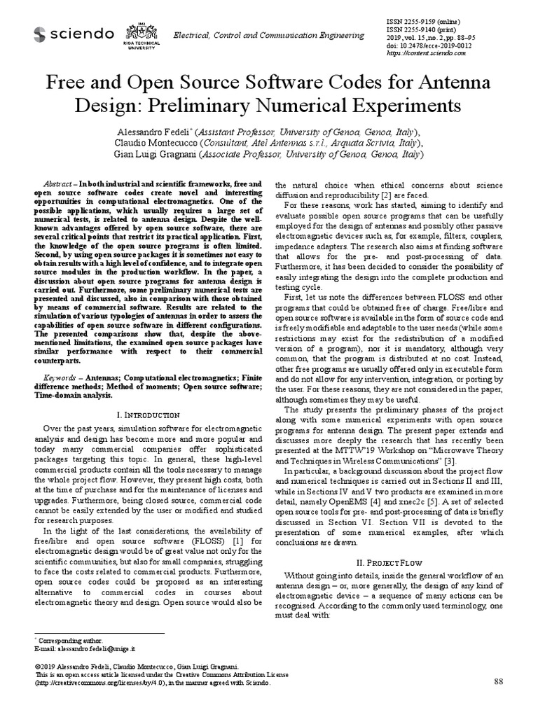 Free and Open Source Software Codes For Antenna Design: Preliminary ...