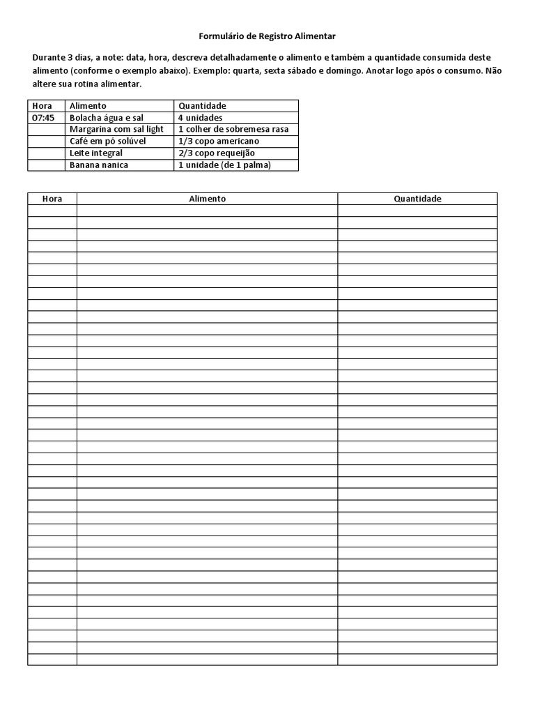 Modelo de Recordatorio Alimentar de 24h | PDF
