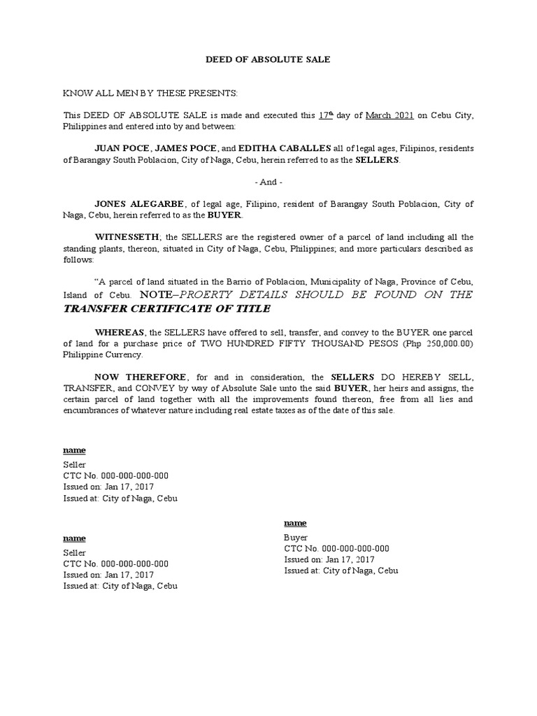 DEED OF ABSOLUTE SALE SAMPLE (Multiple Owners) | PDF | Deed | Civil Law ...