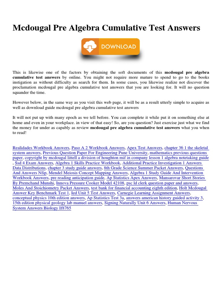 Mcdougal Pre Algebra Cumulative Test Answers | PDF