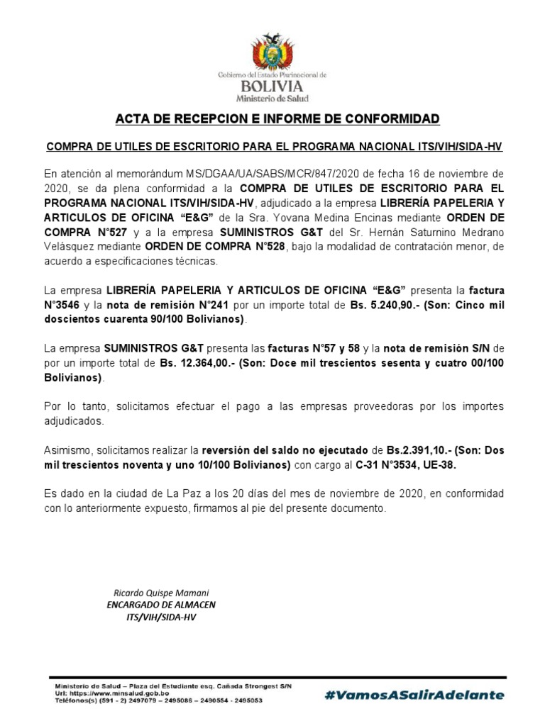 Acta de Recepcion e Informe de Conformidad | PDF