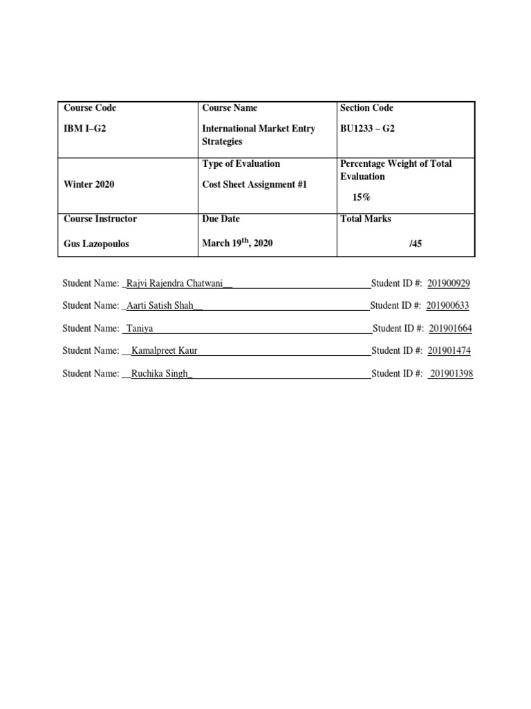 Cost Sheet Assignments for International Trade Courses | PDF ...