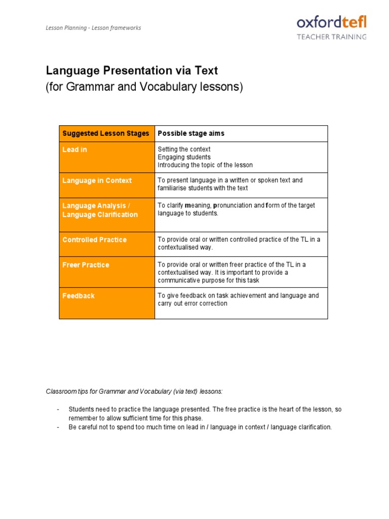 Teaching Lesson Plan Frameworks (Oxford Tefl) | PDF | Vocabulary ...