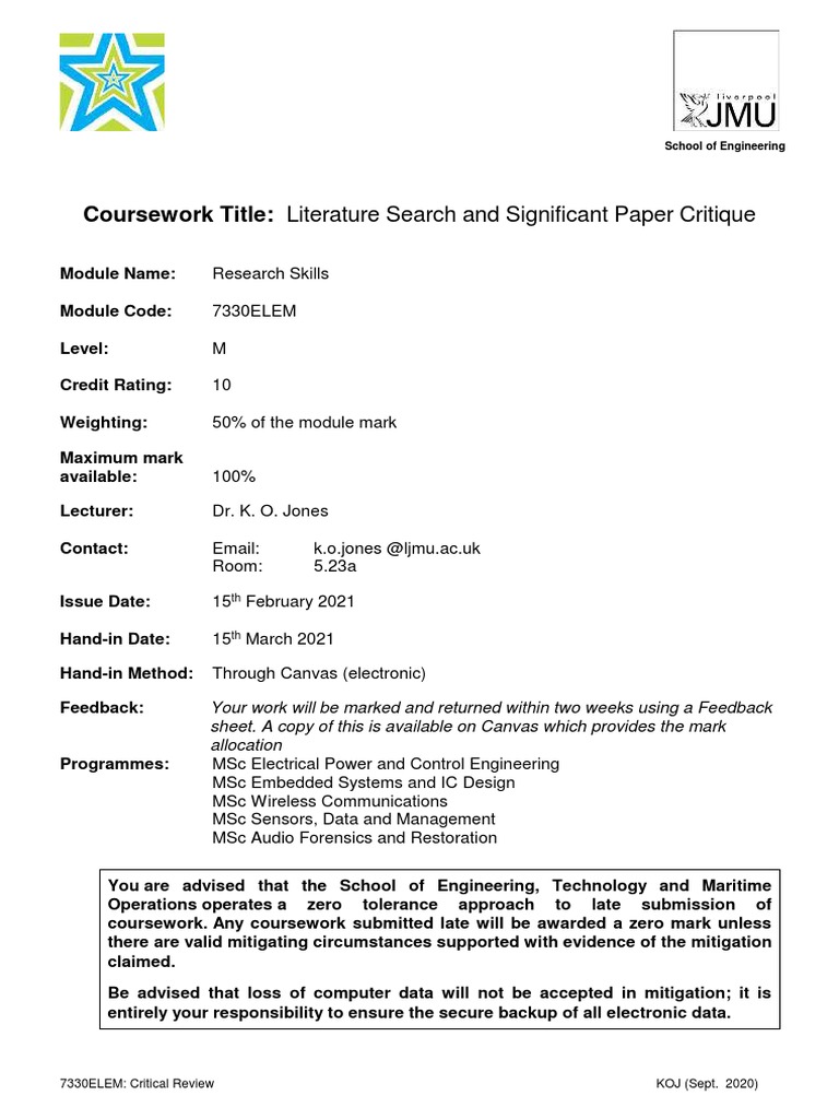 Coursework Title: Literature Search and Significant Paper Critique ...