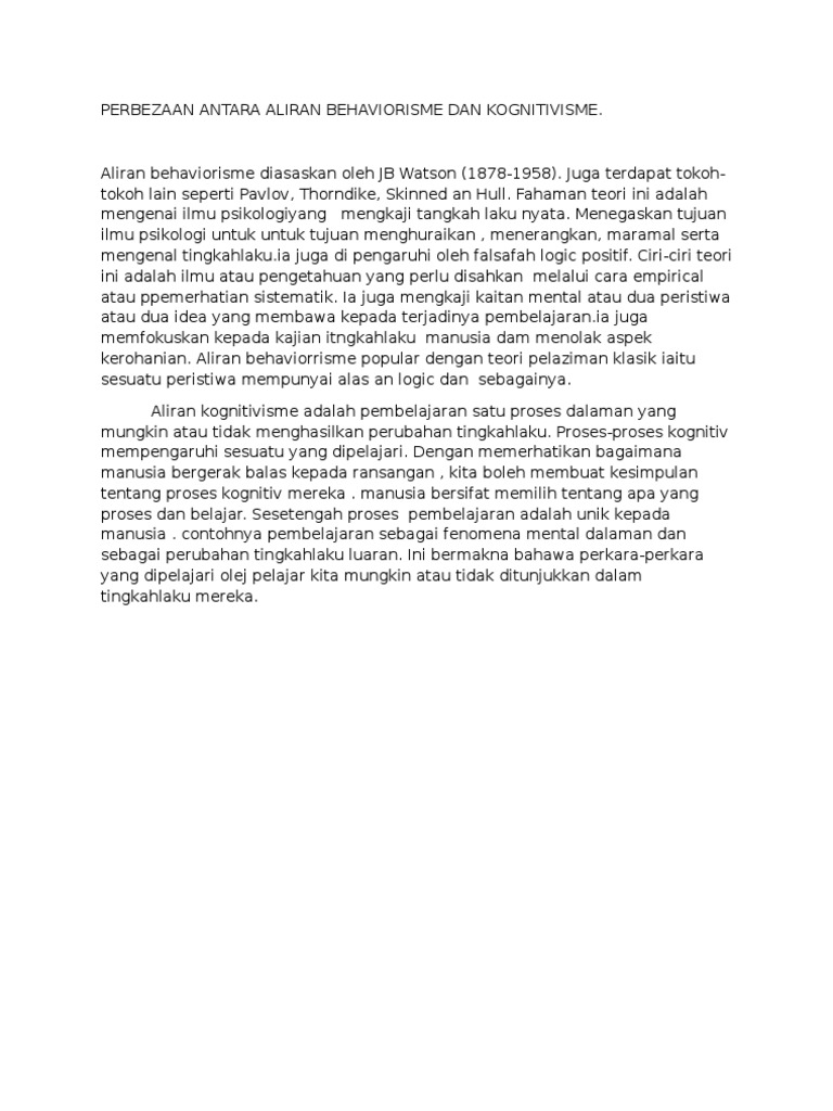Perbezaan Antara Aliran Behaviorisme Dan Kognitivisme | PDF