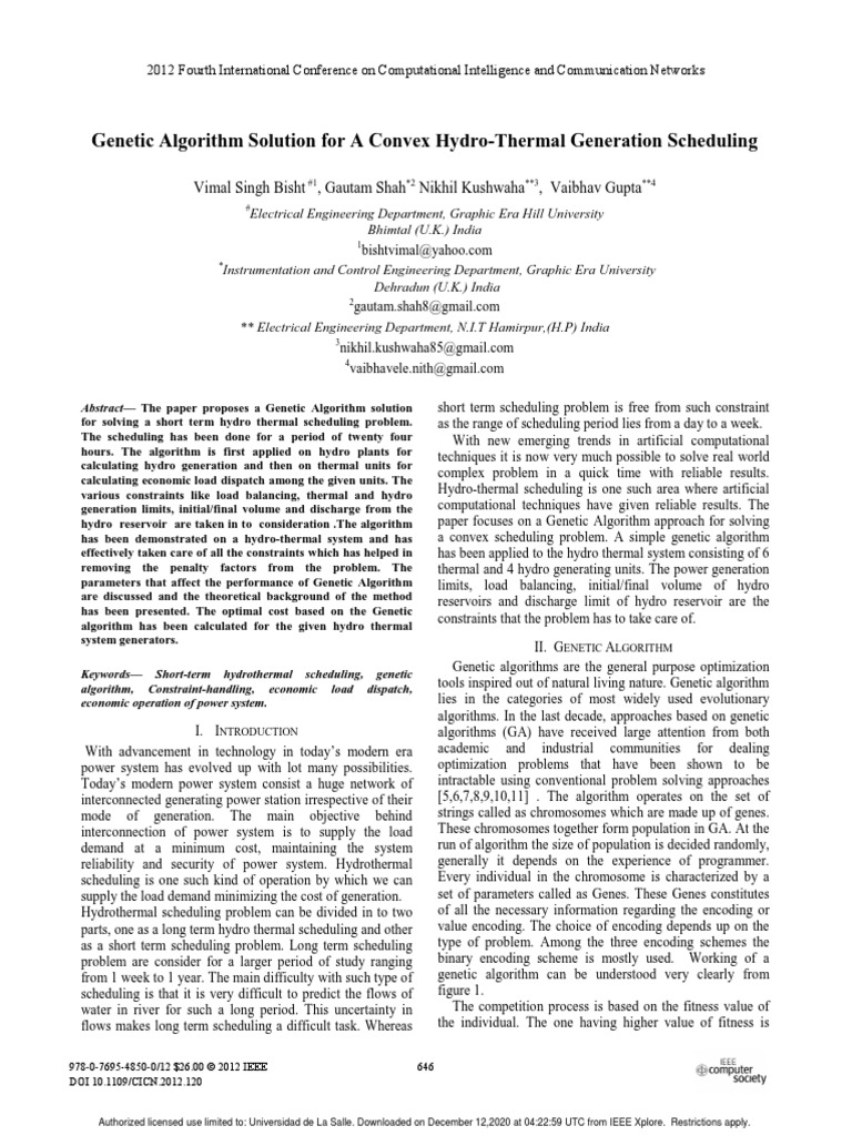 Genetic Algorithm Solution For A Convex Hydro-Thermal Generation Scheduling | PDF | Genetic ...