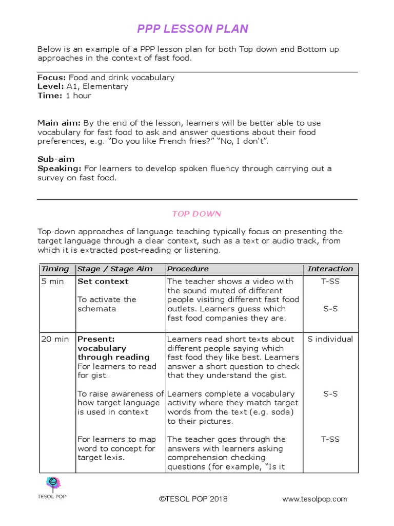TESOL POP PPP Lesson Plan | PDF | Vocabulary | Second Language
