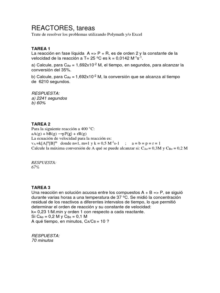 Guía de Ejercicios Reactores | PDF | Reactor Quimico | Equilibrio químico