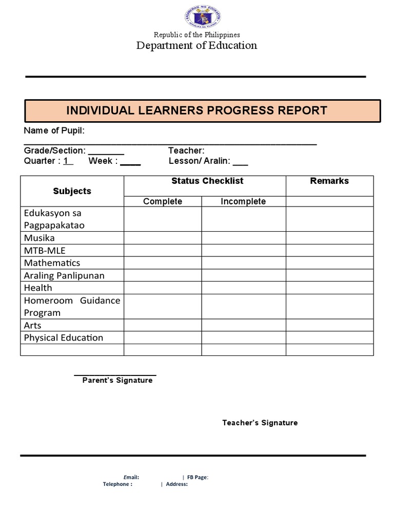 Individual Learners Progress Report: Department of Education | PDF