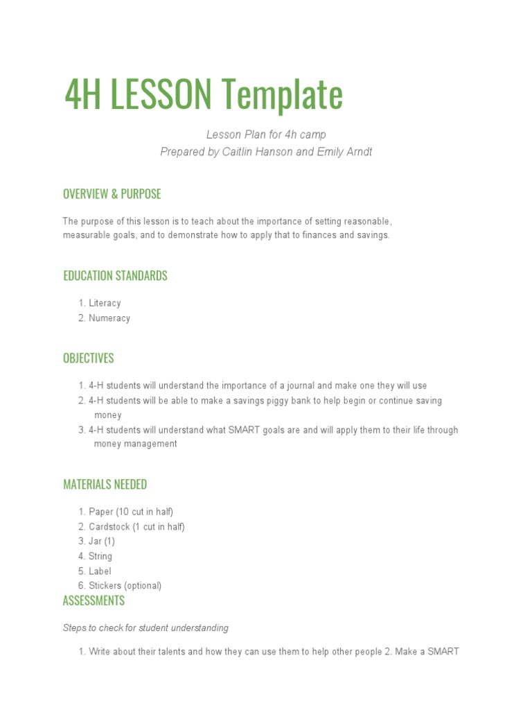 4h Lesson Plan Caitlin Hanson and Emily A | PDF | Lesson Plan | Money