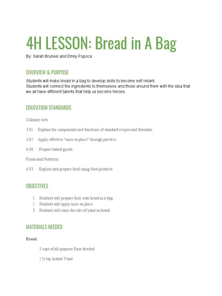 4h Lesson Bread in A Bag 1 | PDF | Baker's Yeast | Breads