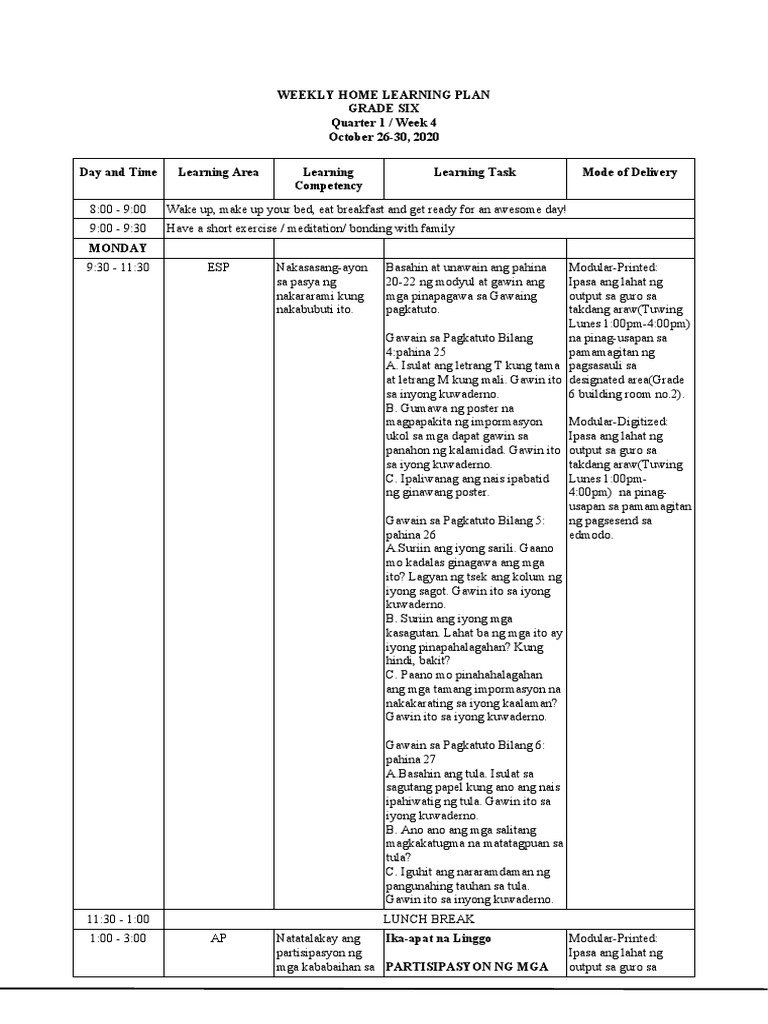 Grade 6 Weekly Home Learning Plan Q1 W4 | PDF