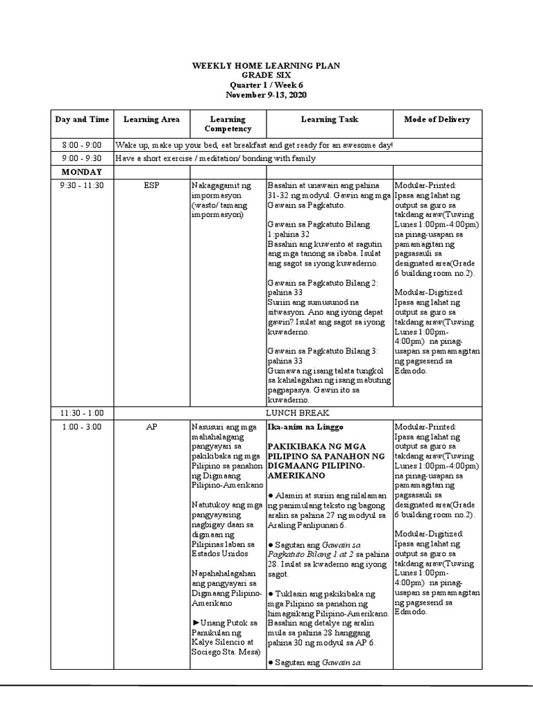 Grade 6 Weekly Home Learning Plan Q1 W6 | PDF