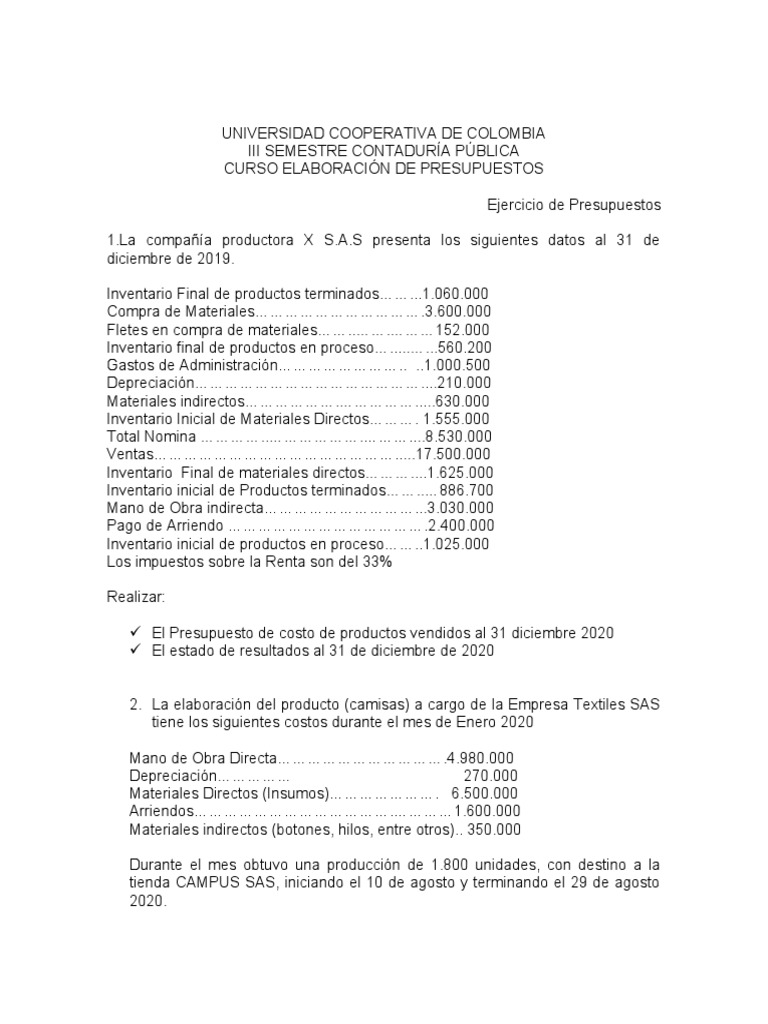 EJERCICIOS PRESUPUESTOS COSTOS DE PRODUCTOS VENDIDOS-Evaluación | PDF