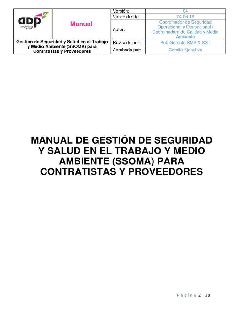 Manual de Gestión SSOMA para Contratistas y Proveedores. Versión 4 | PDF | Seguridad y salud ...