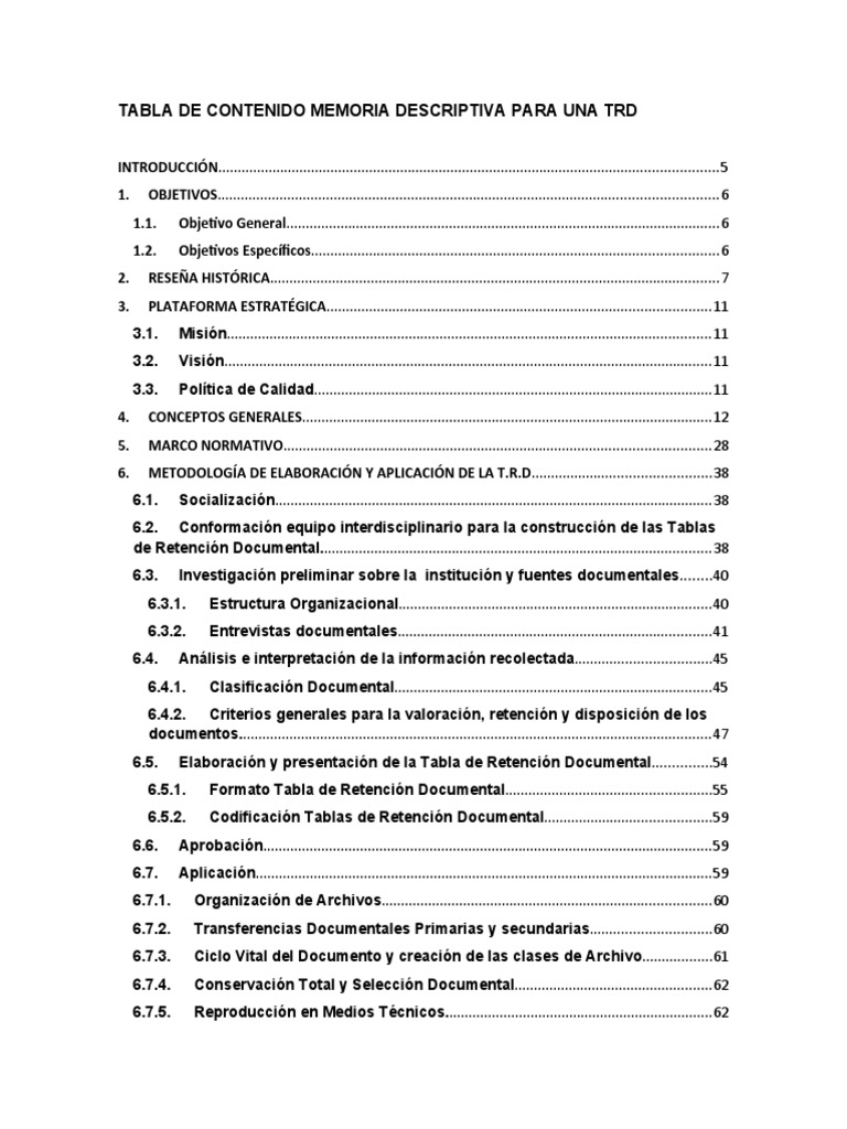 Ejemplo Tabla de Contenido de Una Memoria Descriptiva TRD | PDF | Business