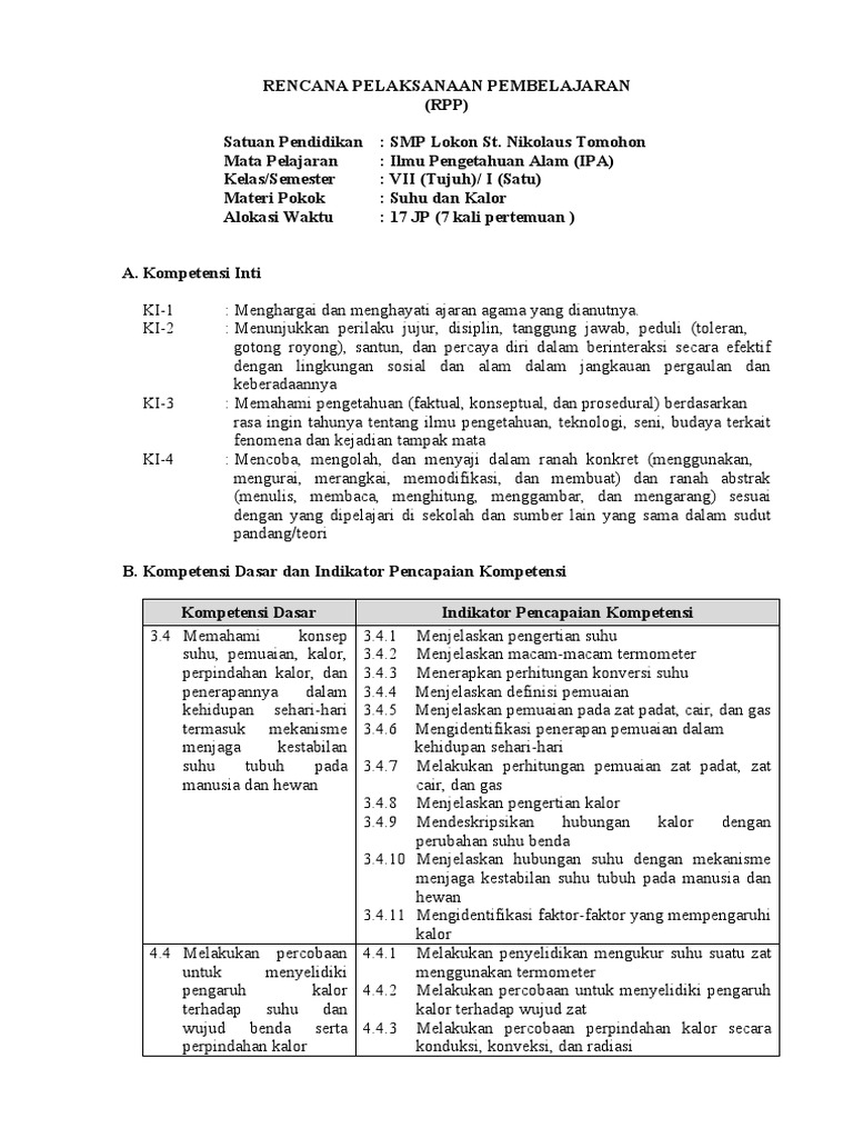 1 RPP KD 3.4. Suhu Dan Kalor | PDF | Teknologi & Rekayasa