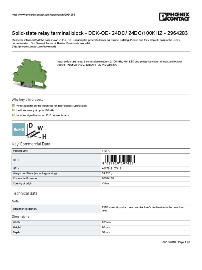 Solid-State Relay Terminal Block - DEK-OE-24DC/ 24DC/100KHZ - 2964283 ...