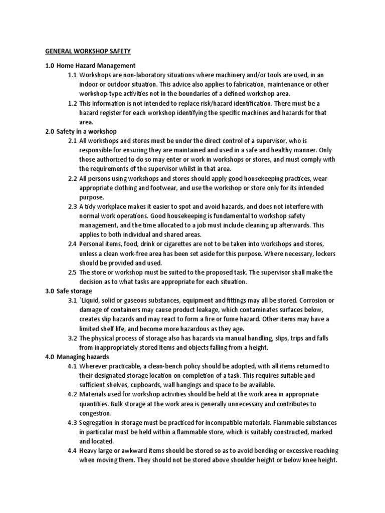 General Workshop Safety 1.0 Home Hazard Management | PDF | Housekeeping ...