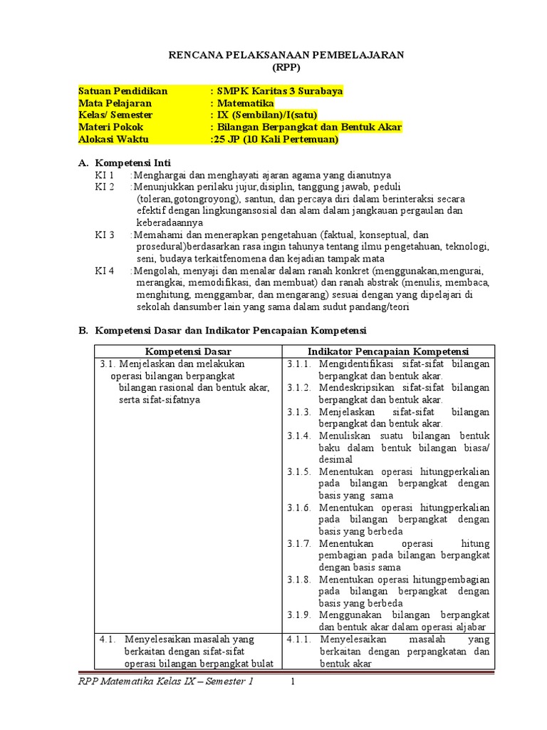 Rancangan Penilaian RPP MTK KLS 9 | PDF