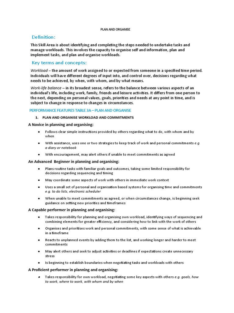 Definition:: Performance Features Table 3A - Plan and Organise | PDF ...