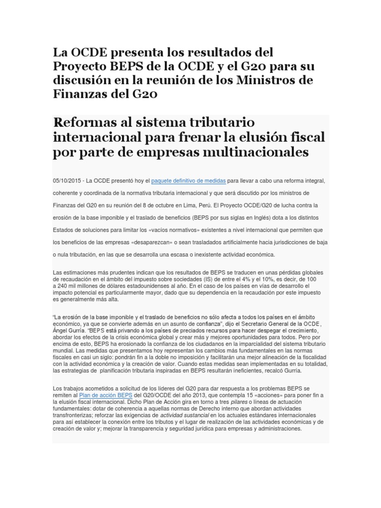 La OCDE Presenta Los Resultados Del Proyecto BEPS de La OCDE y El G20 ...