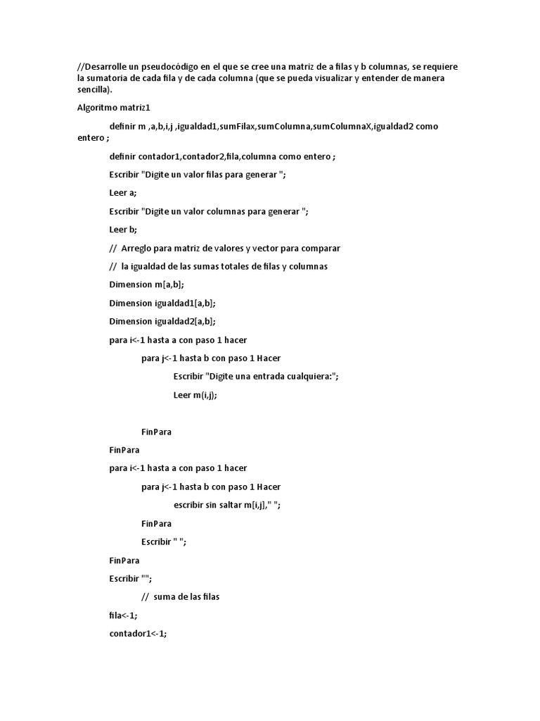 Desarrolle Un Pseudocódigo en El Que Se Cree Una Matriz de A Filas y B ...