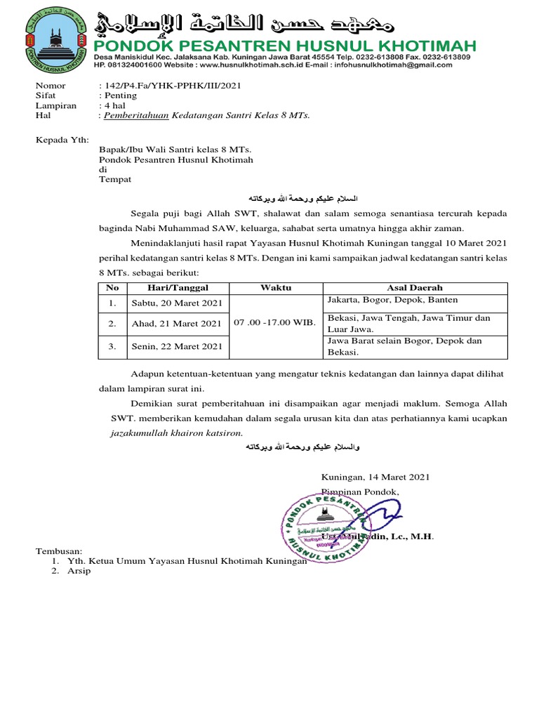 Surat Pemberitahuan Kedatangan Santri Kelas 8 MTs | PDF