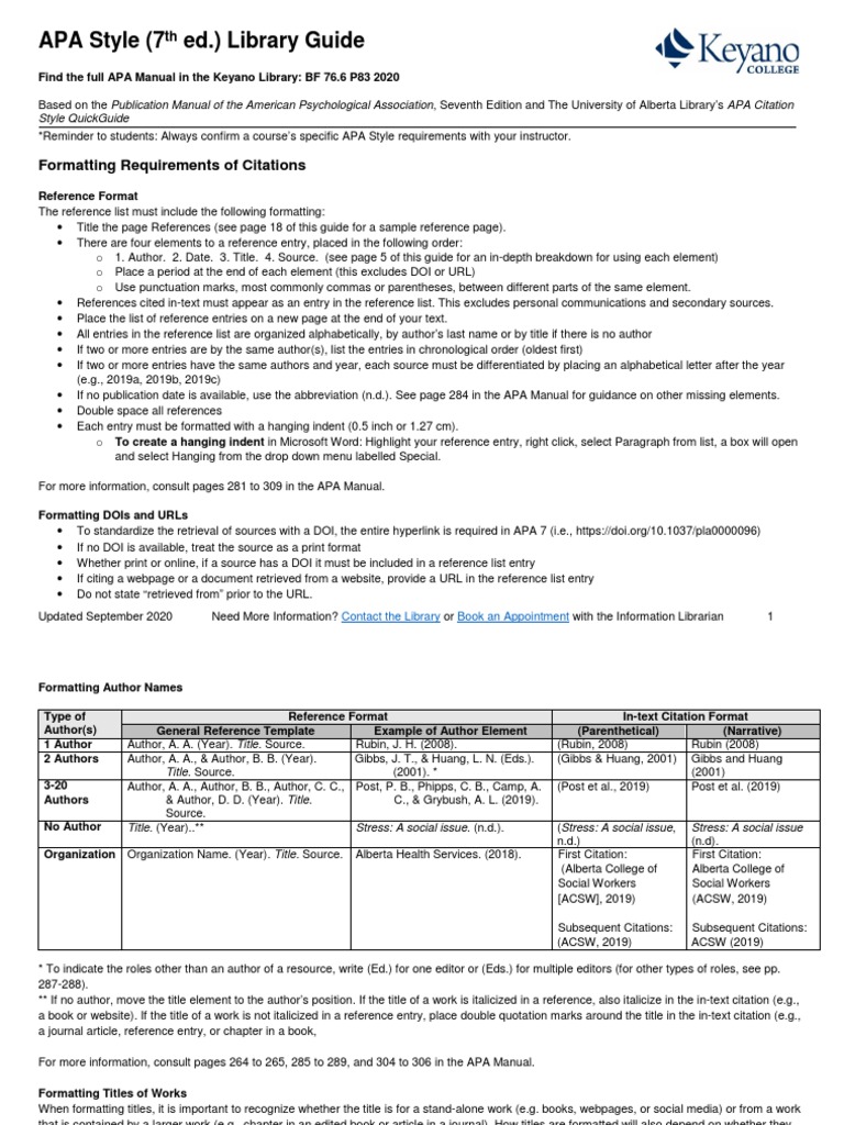 APA 7 Style Keyano Library Guide - Updated September 14, 2020 ...