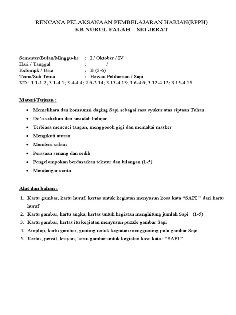 RPPH Tema Sapi untuk PAUD | PDF | Seni & Disiplin Bahasa