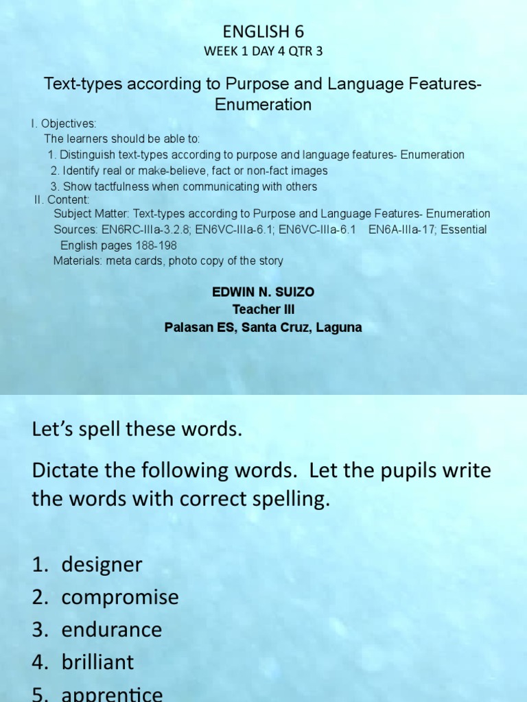 English 6: Text-Types According To Purpose and Language Features ...
