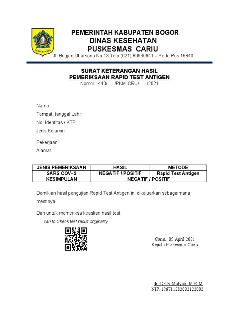 Form Pemeriksaan Rapid Antigen PKM Cariu | PDF
