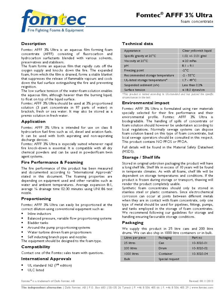Fomtec AFFF 3% Ultra: Description Technical Data | PDF | Industrial ...