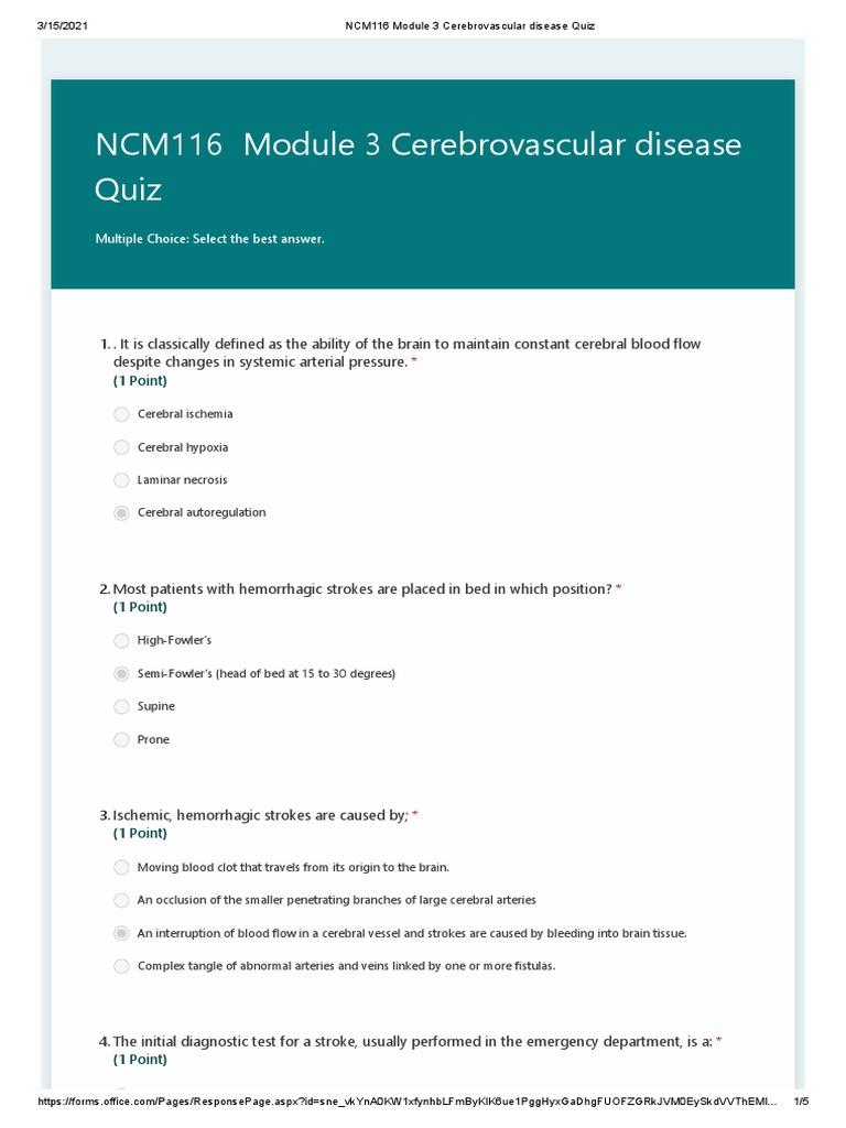 NCM116 Module 3 Cerebrovascular Disease Quiz | PDF | Stroke | Ischemia