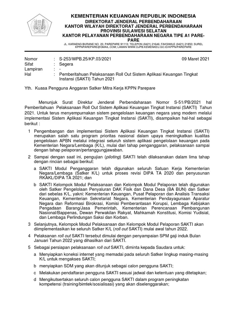 S - 253 Pelaksanaan Roll Out SAKTI 2021 | PDF