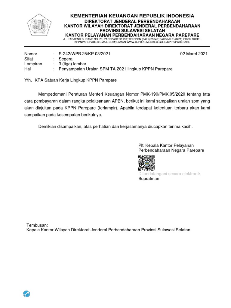 Penyampaian Uraian SPM TA 2021 Lingkup KPPN Parepare | PDF