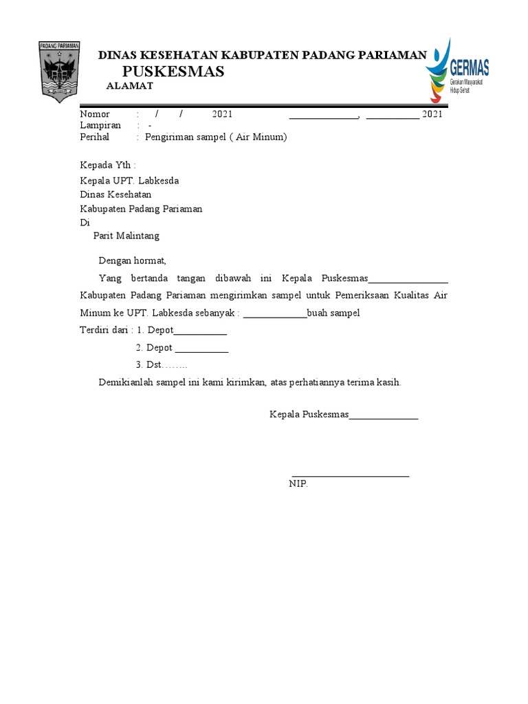 Surat Pengiriman Sampel Air Minum | PDF | Kesehatan Holistik | Sains & Matematika