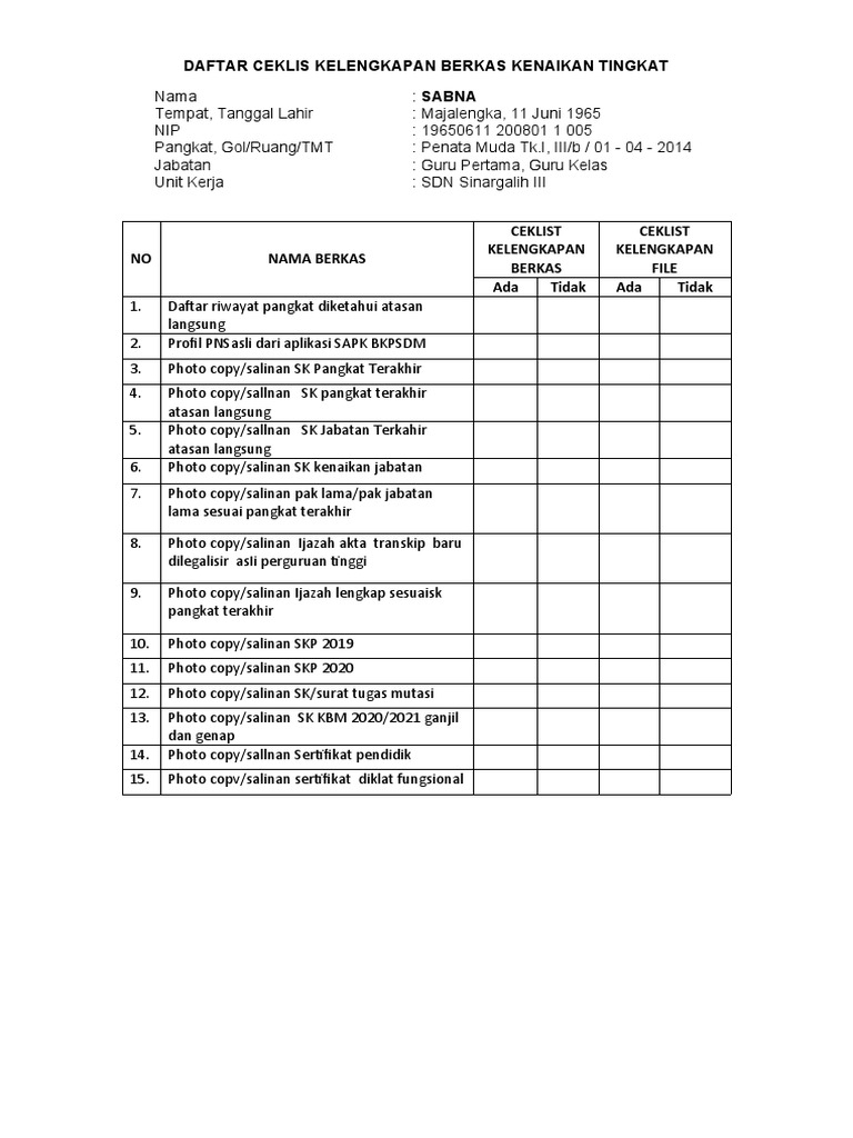 Daftar Ceklis Kelengkapan Berkas Kenaikan Tingkat | PDF