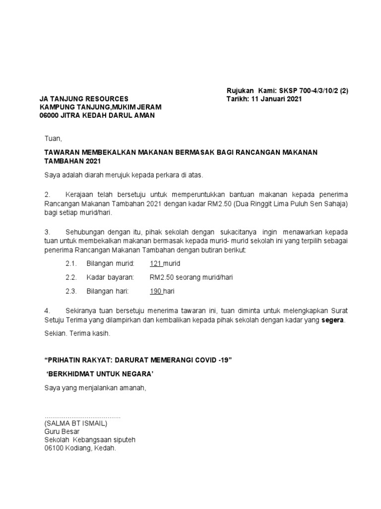 Surat Tawaran Pembekal RMT | PDF