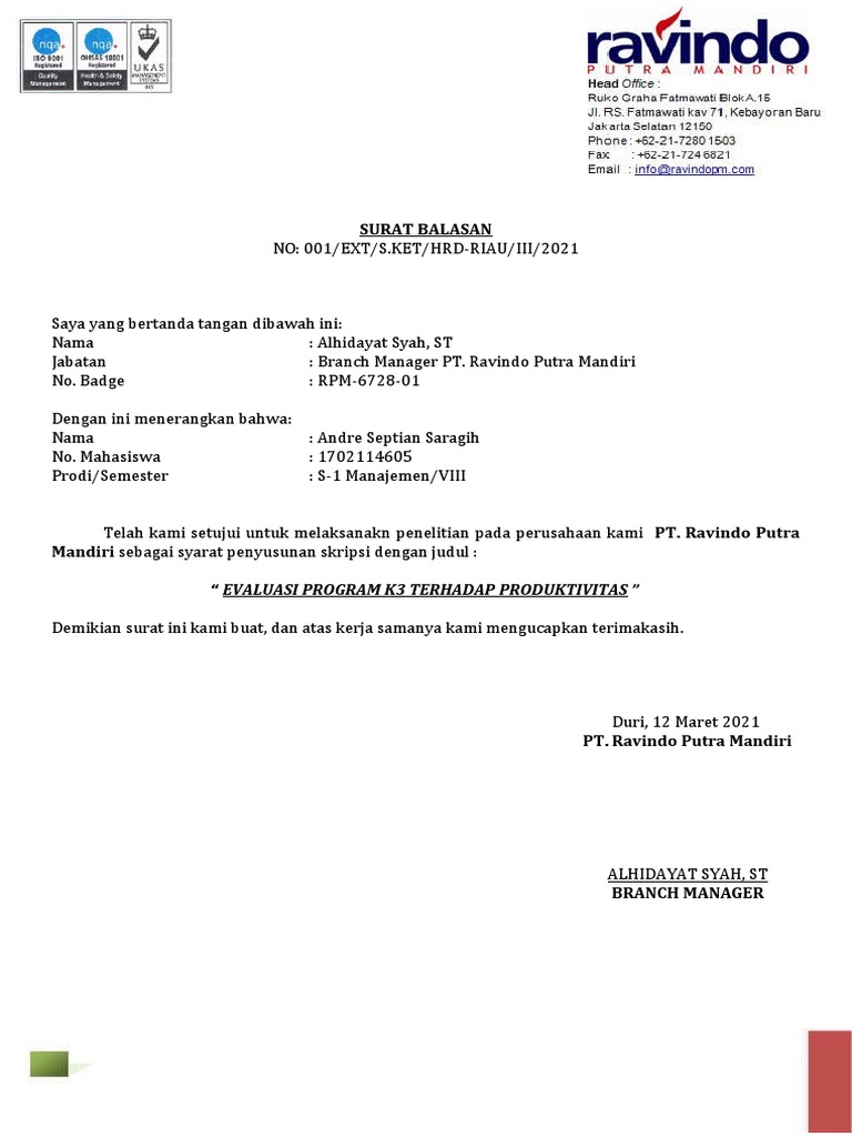 Surat Balasan Penelitian | PDF