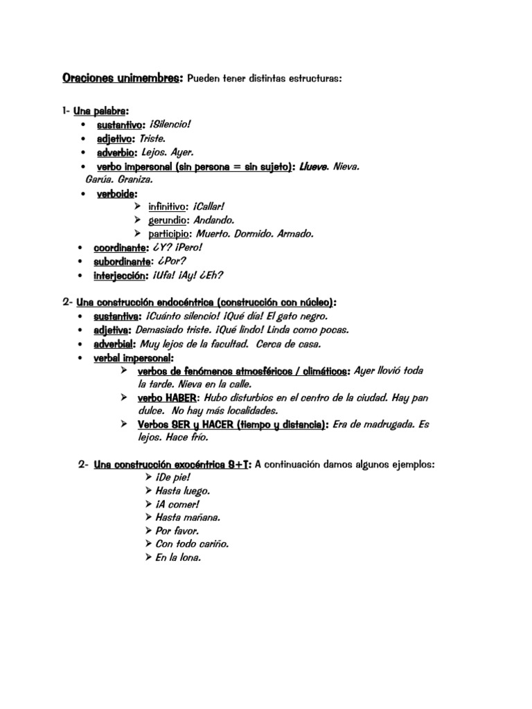 Oraciones unimembres: tipos y estructuras | PDF