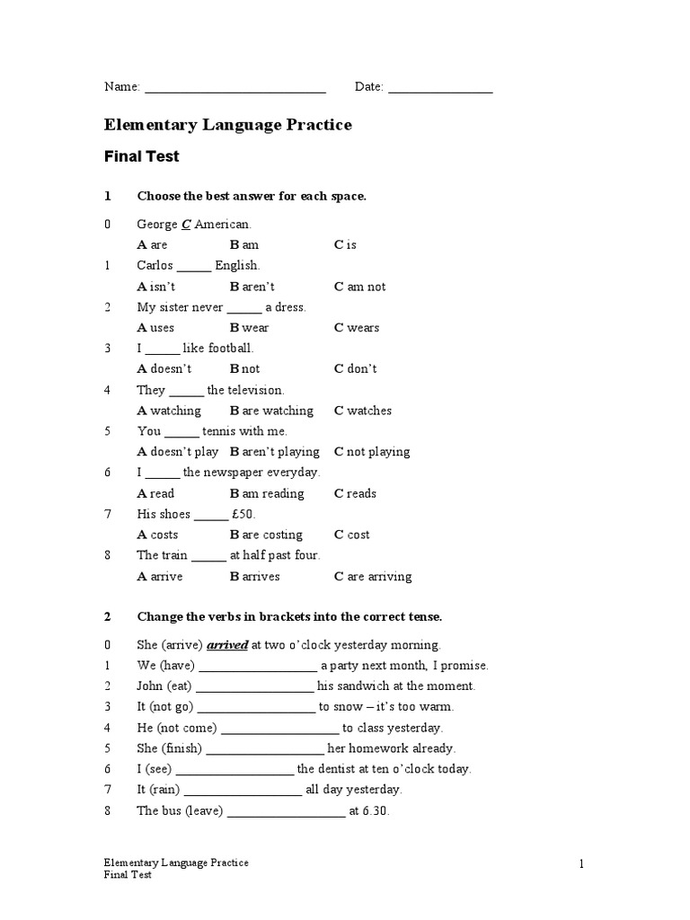 Elementary Language Practice: Final Test | PDF | Clothing