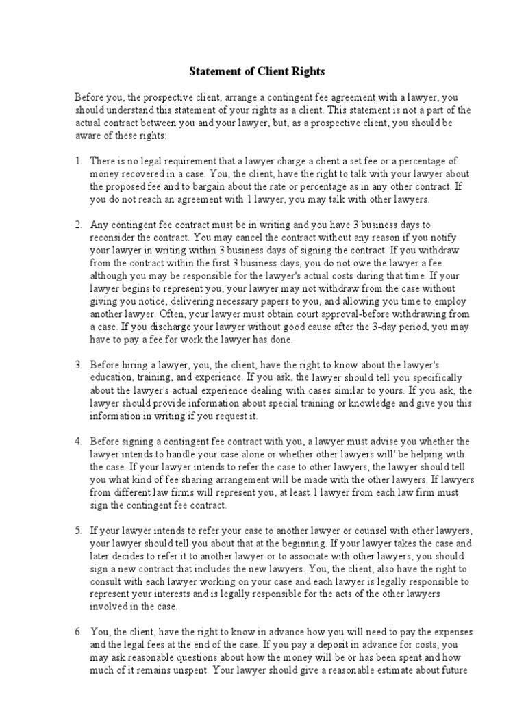 Statement of Client Rights | PDF | Lawyer | Attorney's Fee