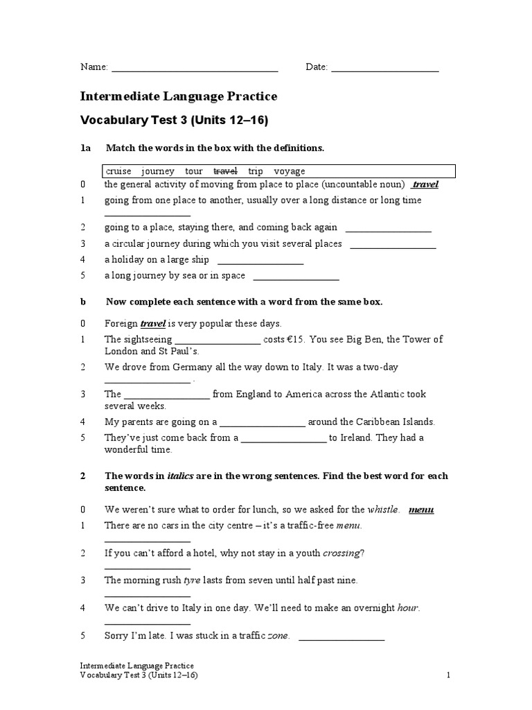 Intermediate Language Practice: Vocabulary Test 3 (Units 12-16) | PDF ...