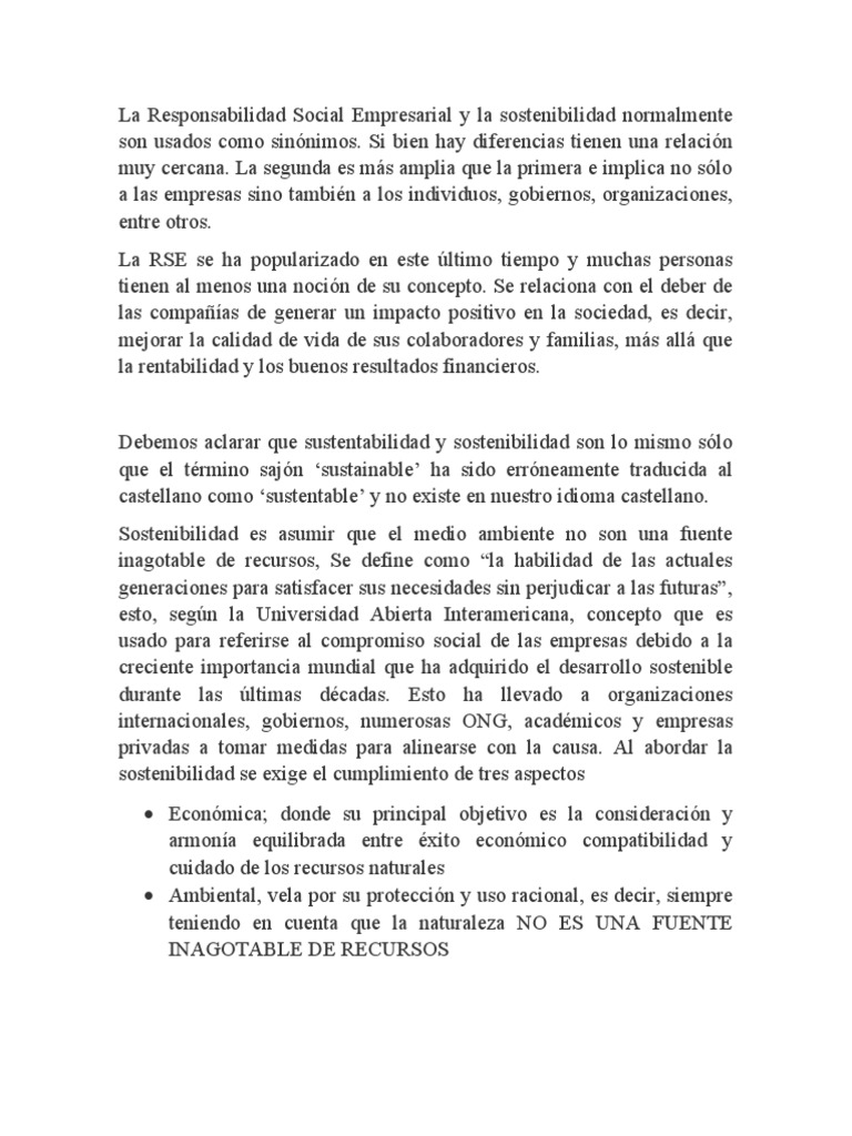 La Responsabilidad Social Empresarial y La Sostenibilidad Normalmente Son Usados Como Sinónimos ...