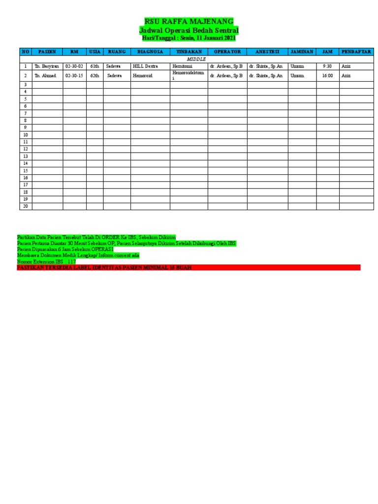 Jadwal Operasi RSU Raffa Majenang | PDF